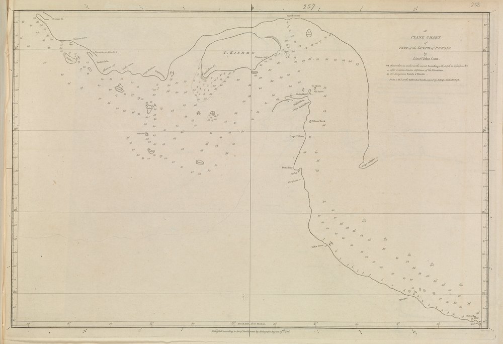 Dalrymple、Alexanderが1791年に出版した港の平面図。1773年ジョン・カント中尉によるペルシャ湾の平面図