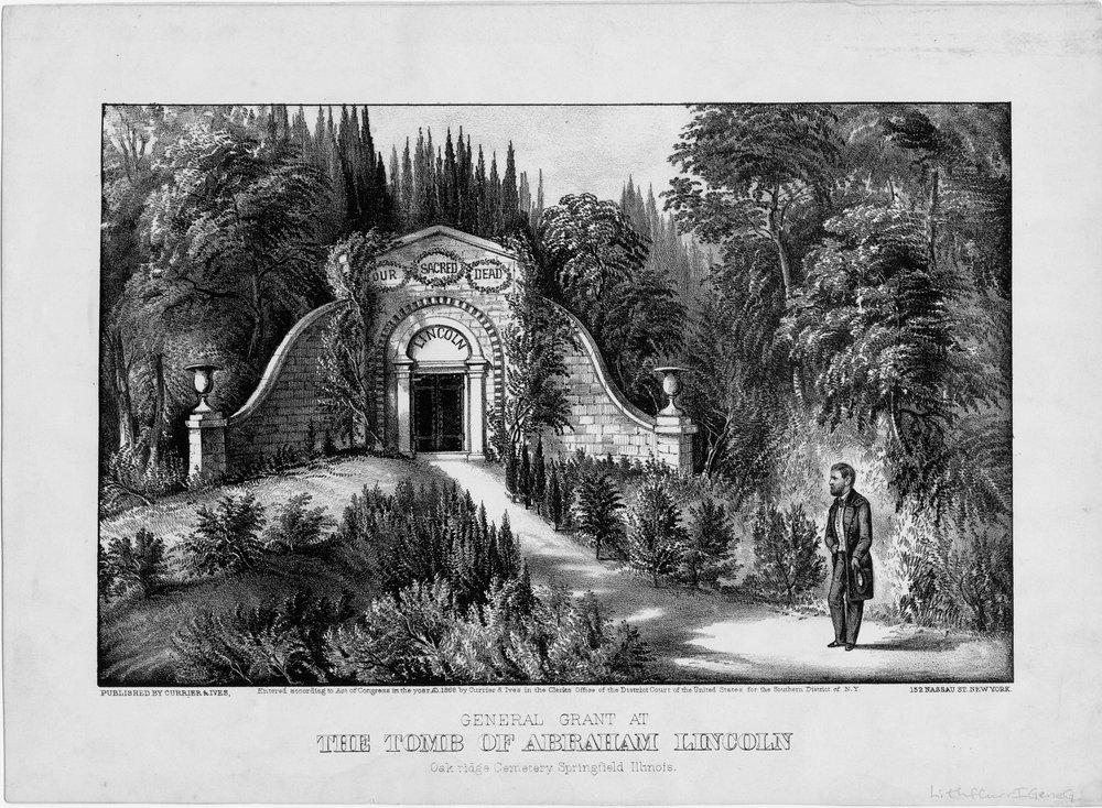 イリノイ州スプリングフィールドのオークリッジ墓地のエイブラハムリンカーンの墓にいるグラント将軍。 Currier＆Ives、1868