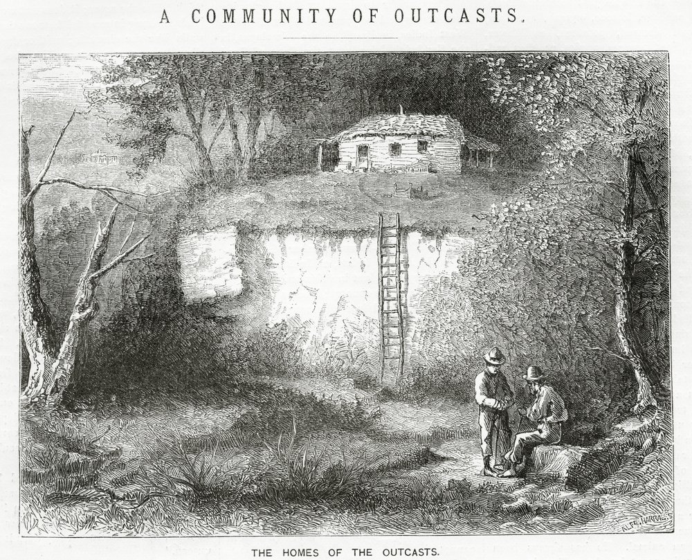 1872年3月23日、Appletons Journalからの特集記事「アウトキャストのコミュニティ」のイラスト、アウトキャストの家