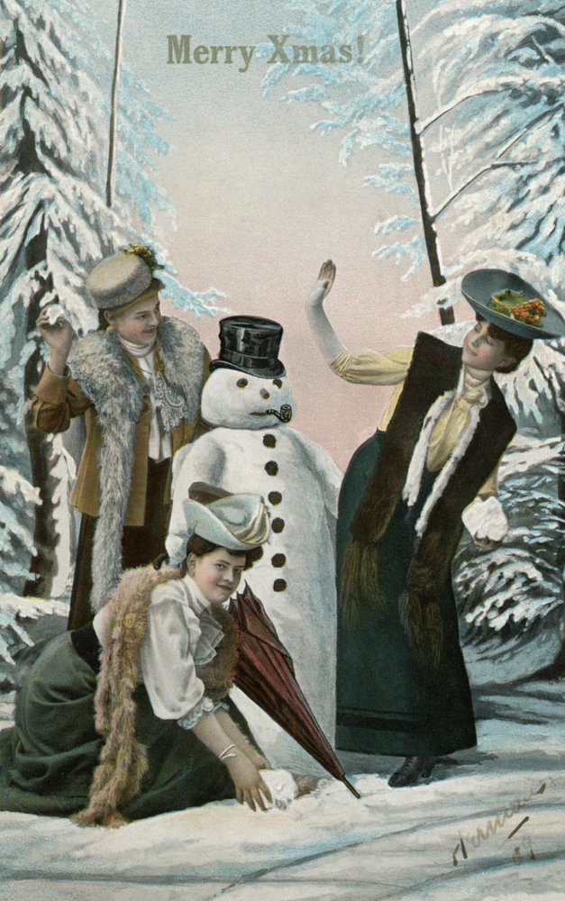雪だるまで遊ぶヴィクトリア朝の女性たち