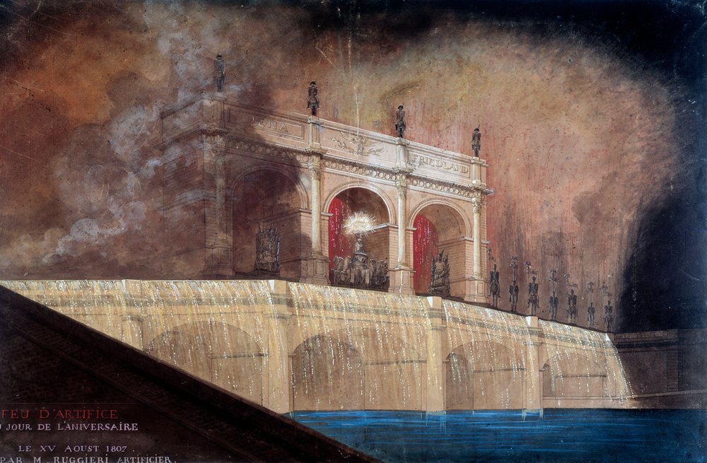 クロード・ルジェリが1807年8月15日にパリで打ち上げた花火 無名の絵画の後に描かれたプレート。1807年 パリ、カルナヴァレ美術館