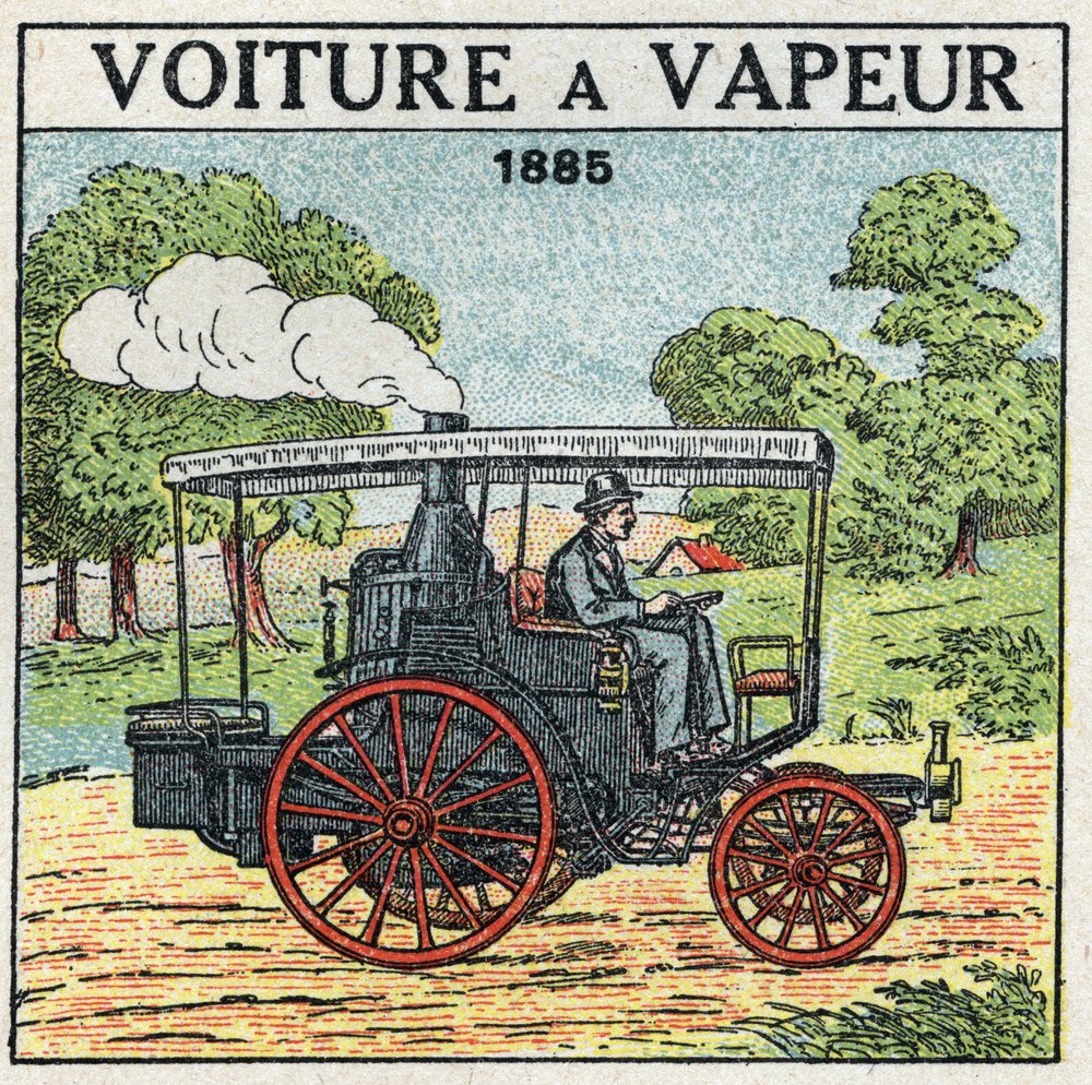 機械的牽引：1885年、アルベール・ド・ディオン侯爵（1856-1946）の蒸気自動車。1925年の匿名のイラスト。個人蔵。