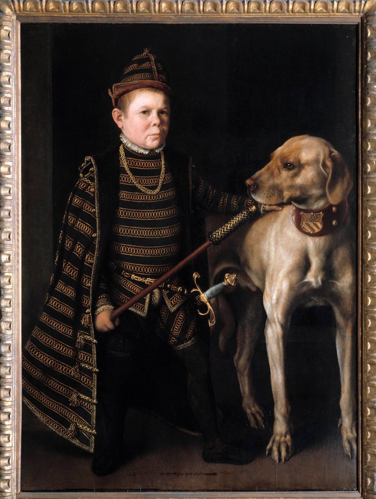 シャルル5世の大臣グランヴェル枢機卿の小人の肖像 アントニス・モーア・ファン・ダショルストの絵画 アントニス・ディット・アントニオ・モーロ（1517-1575/76）。16世紀ディム。1 ...