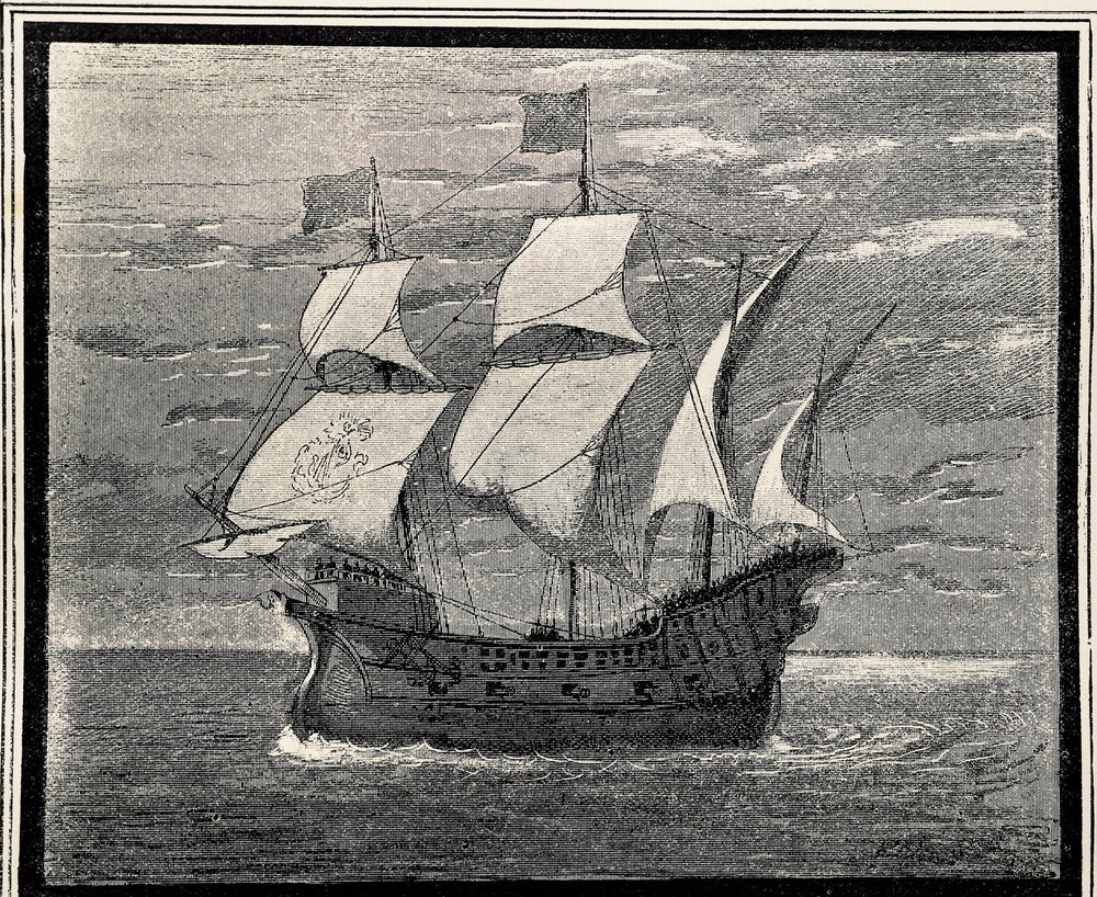 16世紀スペインのガレオン船。エングレーヴィング。スペイン.アラゴン.サラゴサ陸軍士官学校