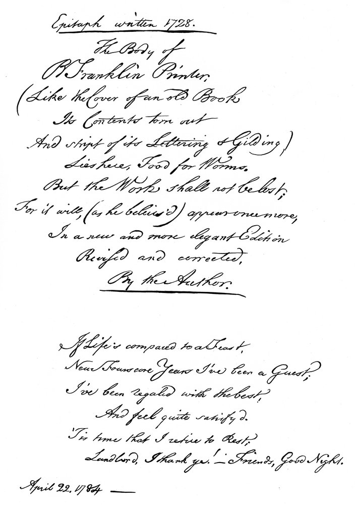 ベンジャミンフランクリンの墓碑銘、1728年、1840年