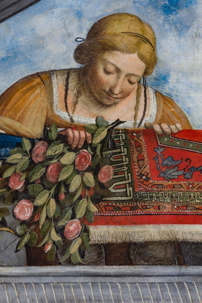 黄色のドレスと花を着た女性、金庫室の詳細、アウラ コスタビリアーナ オ 宝の殿堂 (フレスコ画)