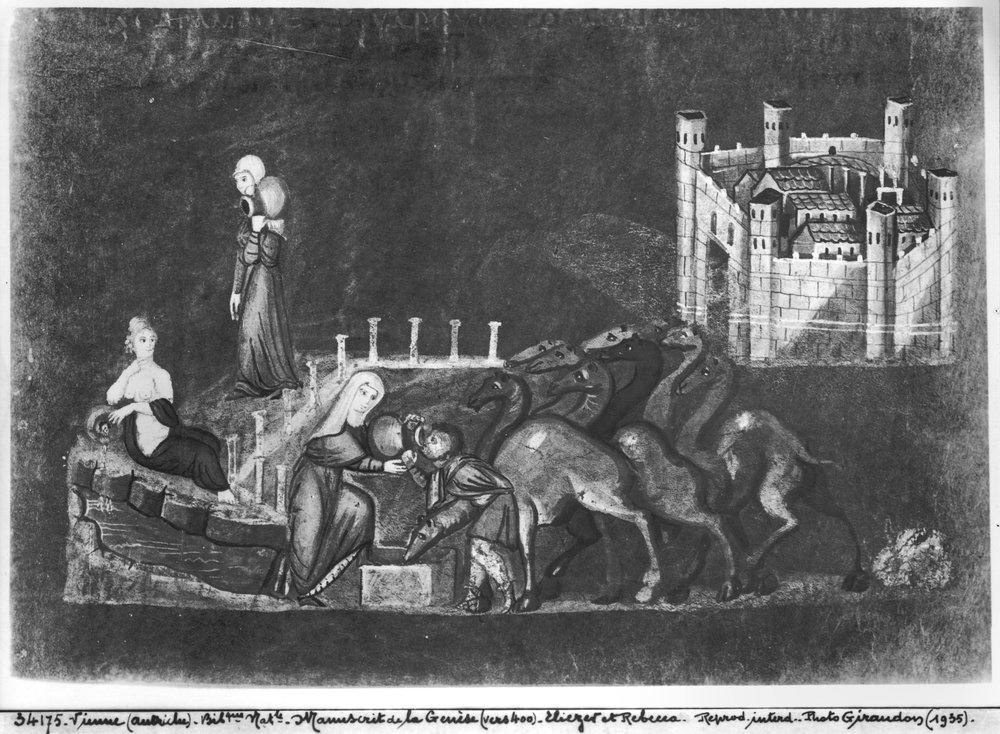 ウィーンジェネシスのGr 31 fol.7r Rebecca and Eliezer at the well