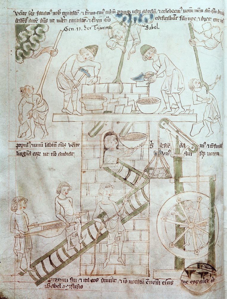 Ms 23 C 124 fol.3 Velislav聖書のc.1340からのバベルの塔の建設