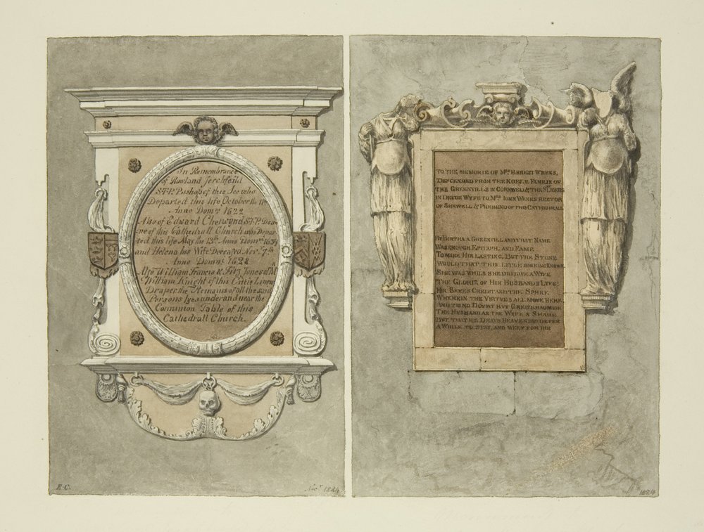 ブリストル大聖堂のサーチフィールド司教、チェットウィンド学部長、ウィークス夫人の記念碑（鉛筆・水彩・紙