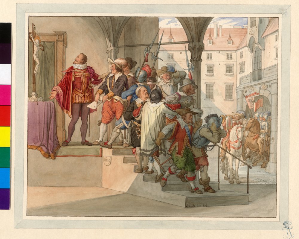 皇帝フェルディナント2世の前に立つオーストリア・プロテスタントの代表団。1619年（シュトルムの請願書）