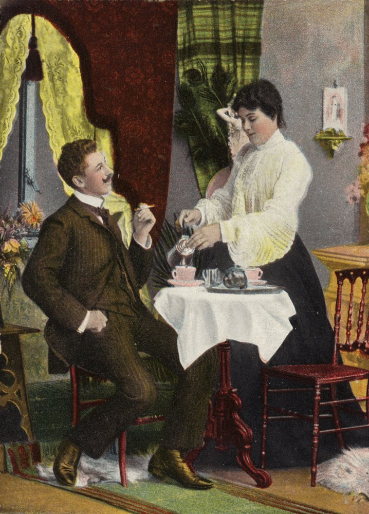 一緒にお茶を飲むカップル（クロモリト）