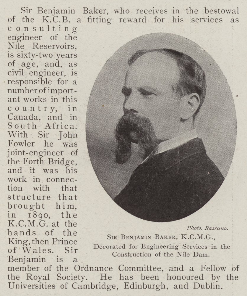 KCMGのベンジャミンベイカー卿は、ナイルダム建設のエンジニアリングサービスのために装飾されました