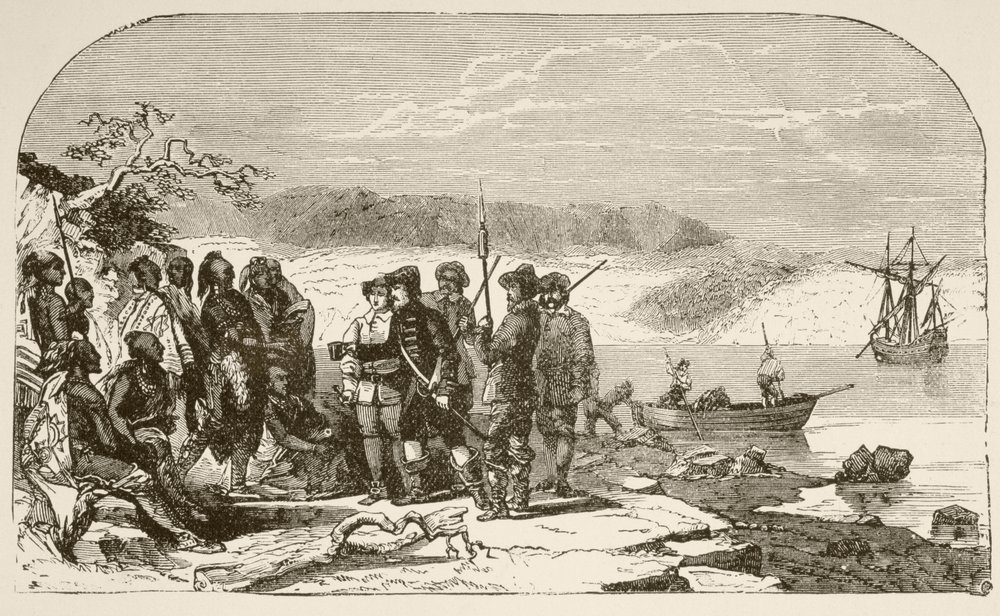 1609年、インディアンに酒を勧めるヘンリー・ハドソン（リトグラフ）