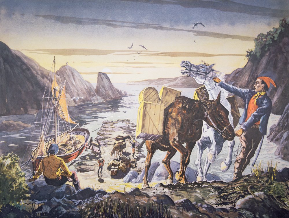 密輸品をポニーに積んで内陸に向かう密輸業者（リトグラフ