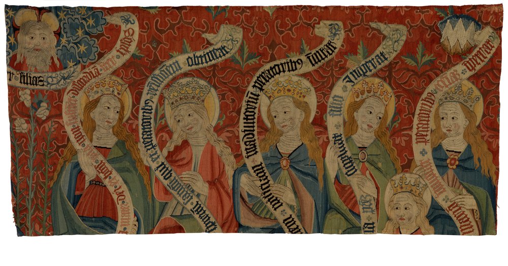 全能の神と6人の聖女を描いたタペストリーの断片、おそらく前掲書のもの、15世紀末（羊毛）