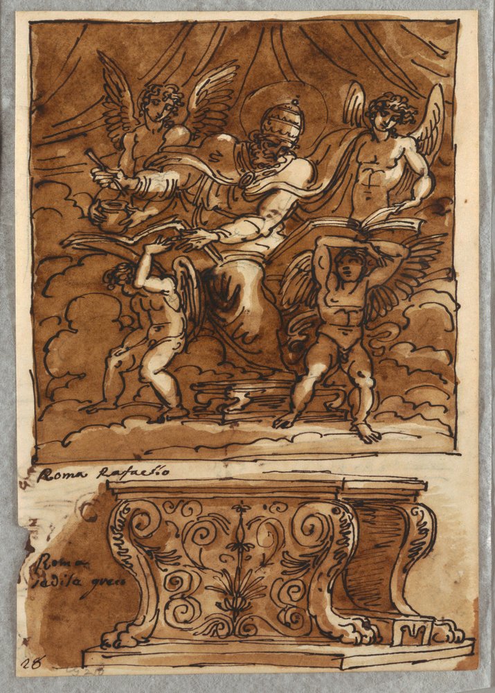 教皇グレゴリオ 7 世と 4 人の天使、ラファエロ「教皇庁の人物」の後に習う。 アンティークベンチ