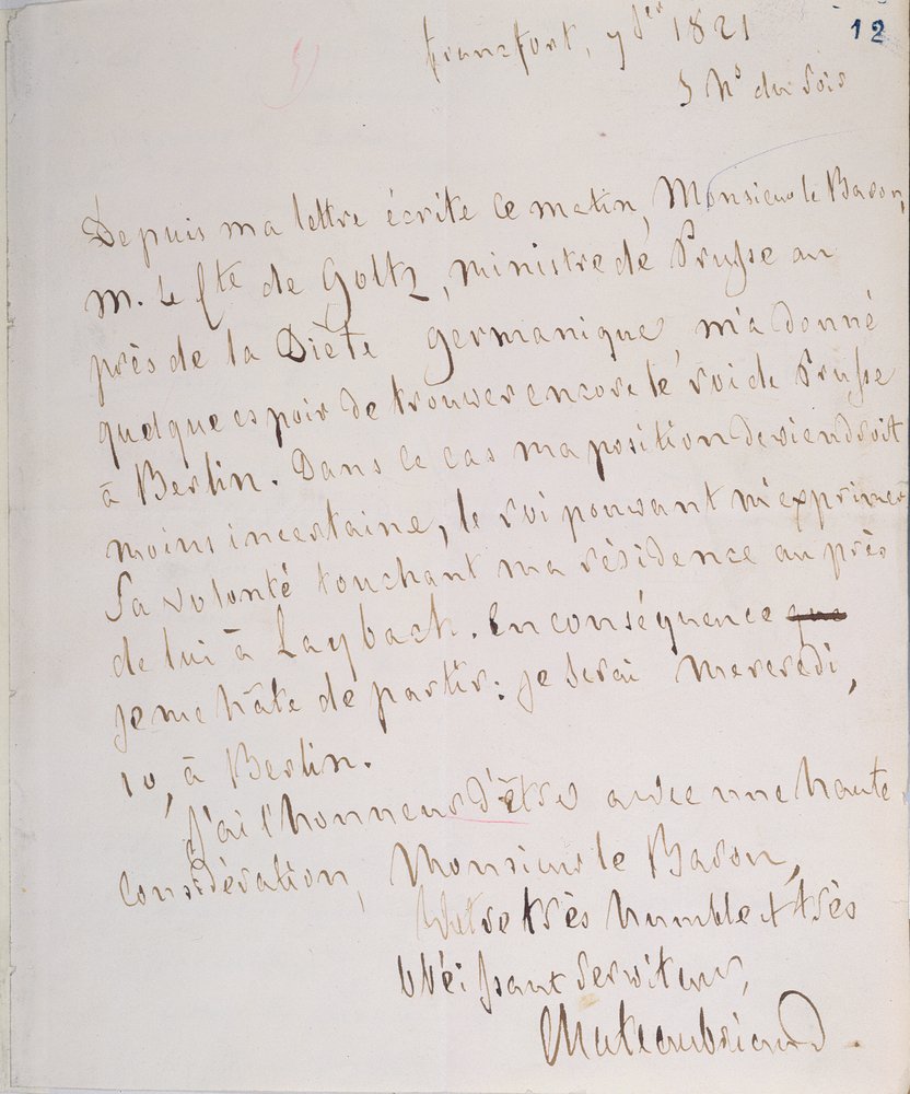 1821年1月7日、ベルリンの全権大臣としてシャトーブリアンの新しいポストに向かう途中、フランクフルトで書かれた作家の署名入りの手紙