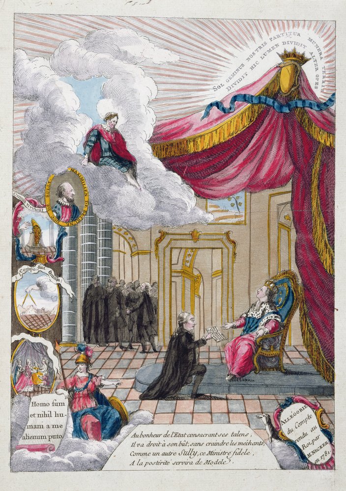 1781年にジャックネッカー（1732-1804）によってルイ16世（1754-93）に与えられた報告の寓意（カラー彫刻）
