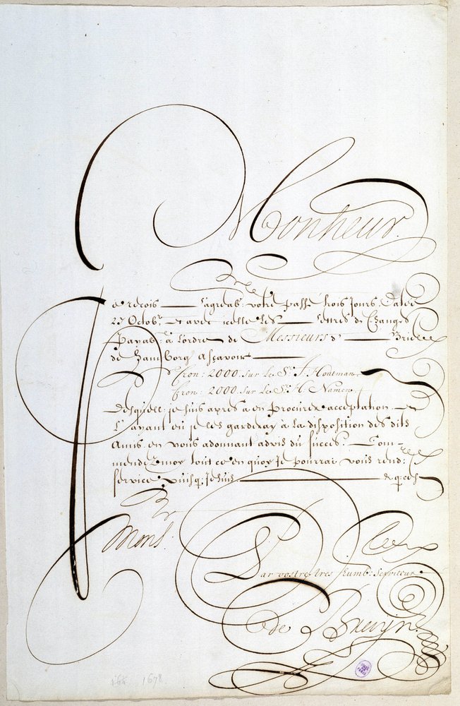 カリグラフィー。1678年頃にフランソワ・ドゥ・ブルインが書したアカウントレター。