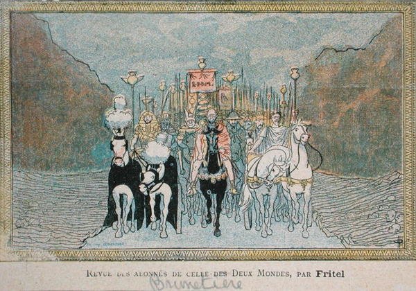 フランスの文芸評論家、フェルディナン・ブルヌティエール（1849-1906）の風刺画、1900年頃（カラーリトグラフ）
