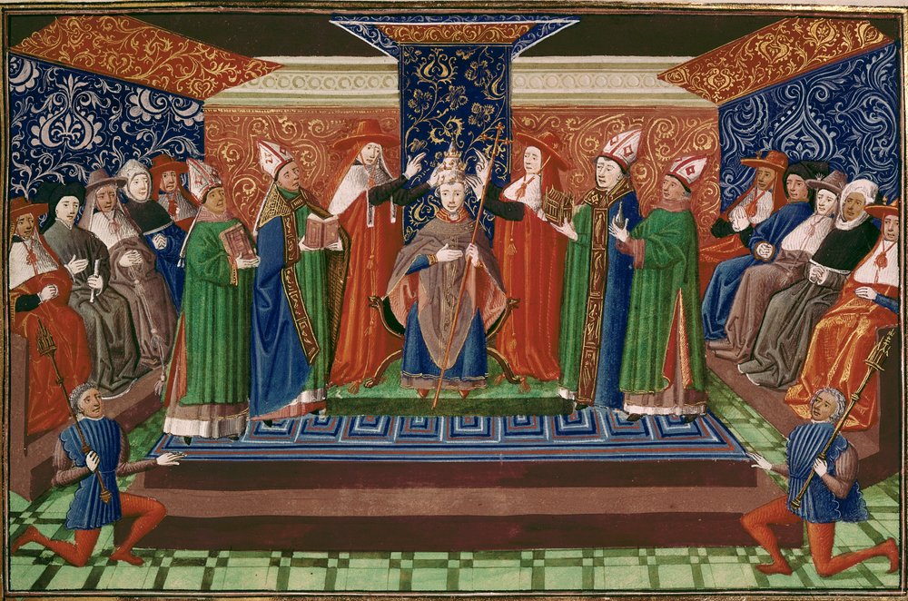 教皇ボニファス IX の戴冠式、フロワサールのクロニクル、第 4 巻 (ベラム) より