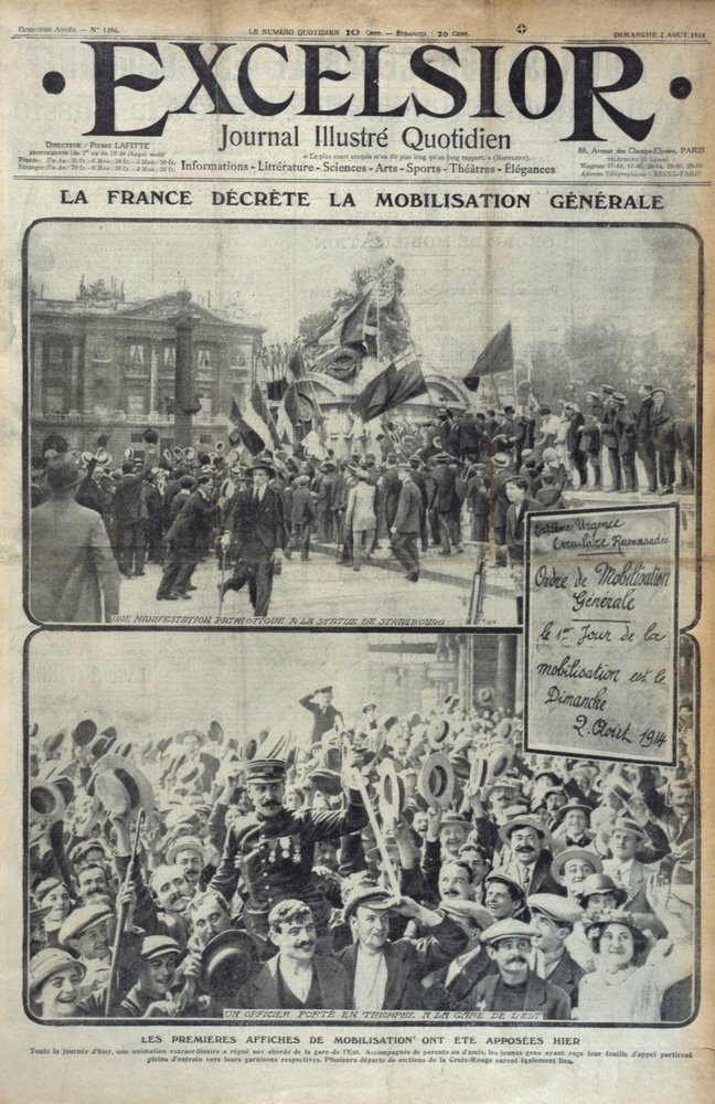 フランスは1914年8月2日に一般動員を宣言、1914年8月2日日曜日にエクセルシオールのイラストをカバー