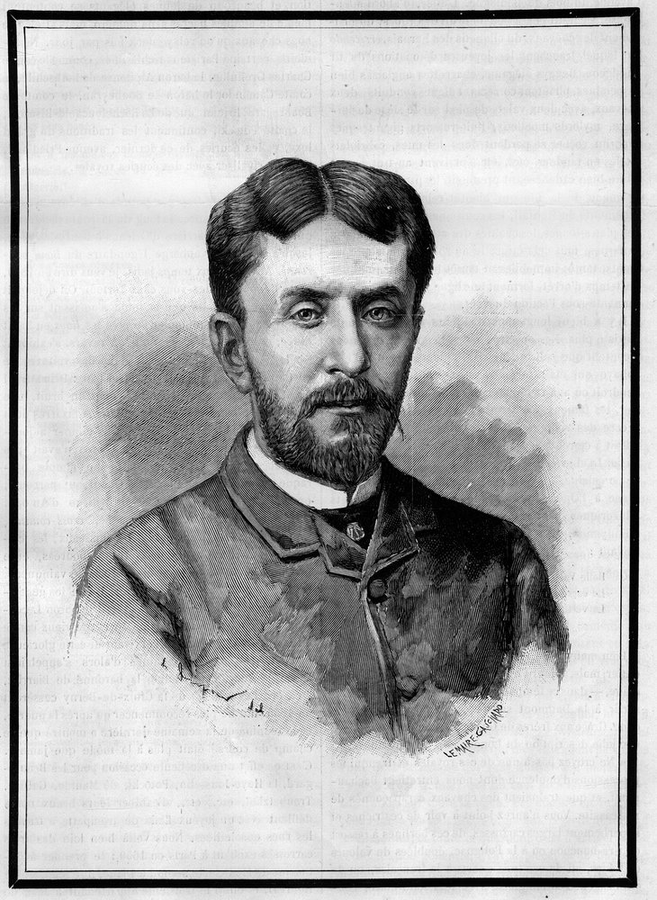 フランスのジャーナリスト、ガブリエル・シャルム（1850-1886）の肖像。1886年5月8日、「Le Monde Illustré」に掲載さ ...