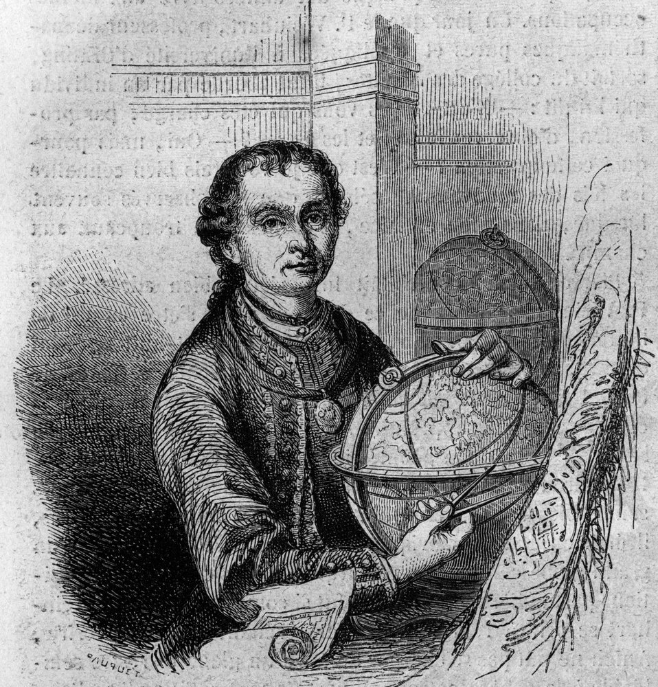 地球儀とコンパスを手にしたチロルの天文学者・カルトグラファー、Pierre (Peter) Anich (1723-1766)の肖像。"Le ...