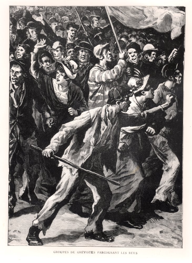 1894年のプルマン暴動、1895年の間にシカゴの路上でデモを行っているストライカー