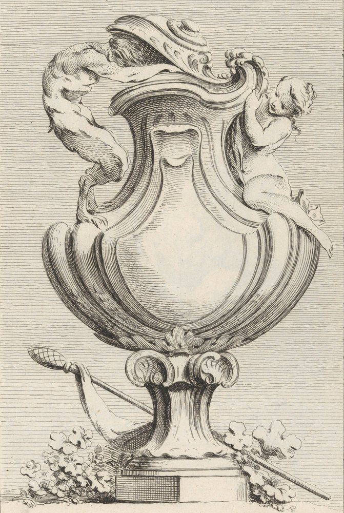 Livre de Vases Book of Vases、プレート 1...、1742-50 からの牧神とニンフの花瓶のデザイン。