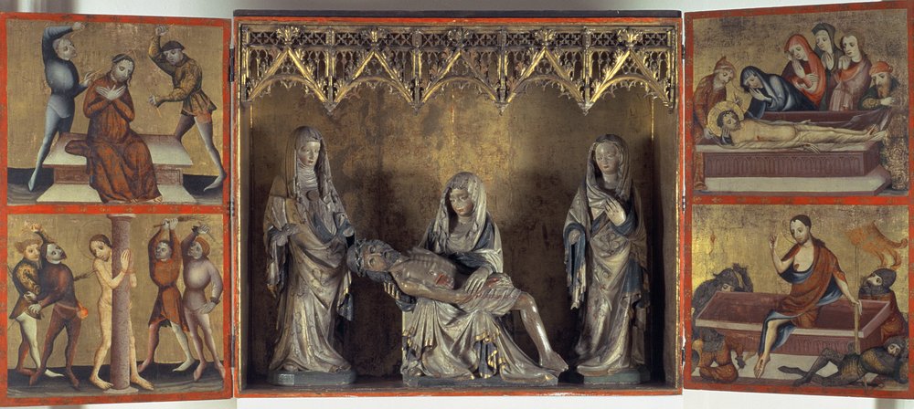 嘆きとキリストの受難を描いた祭壇画（聖エリザベスチューリンギアの祭壇）c.1410（パネル上のテンペラと石灰岩）