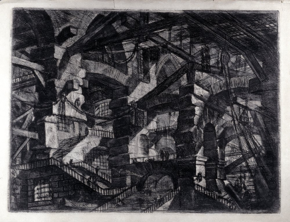 "Carceri d'invenzione" 架空の監獄の内観。ジョヴァンニ・ピラネージ（通称ピラネーゼ）（1720-1778）が描いたもの。