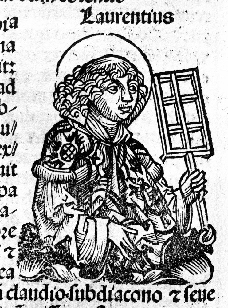 殉教の道具である鉄格子を手にするサンローラン。ハルトマン・シェデルの「Liber Chronicarum」からのエングレーヴィング。