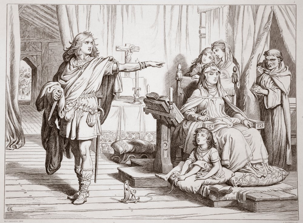 ヘレワードの母親と司祭ヘルルインへのインタビュー。パブ、チャールズキングスレーのヘレワード大王のイラスト。 1870年、CGルイスによる彫刻 ...