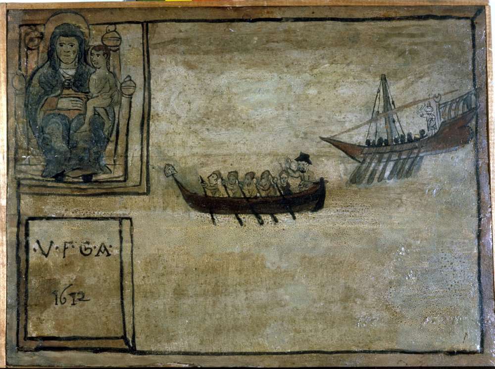 バルバレスクのガレー船に追われるナポリの船。ナポリのマドンナ・デル・アルコ教会のEx voto de 1612。