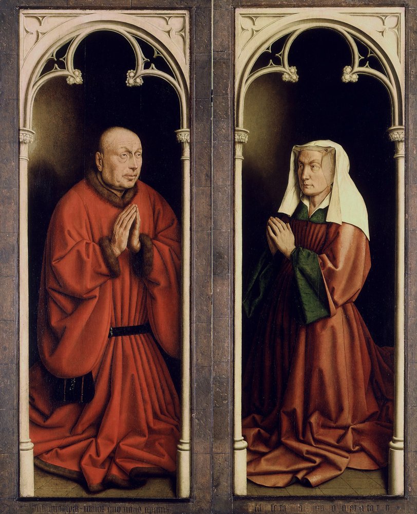 ゲントの祭壇画。 神秘的な子羊の礼拝: Joos Vijd and Elisabeth Borluut, 1432.