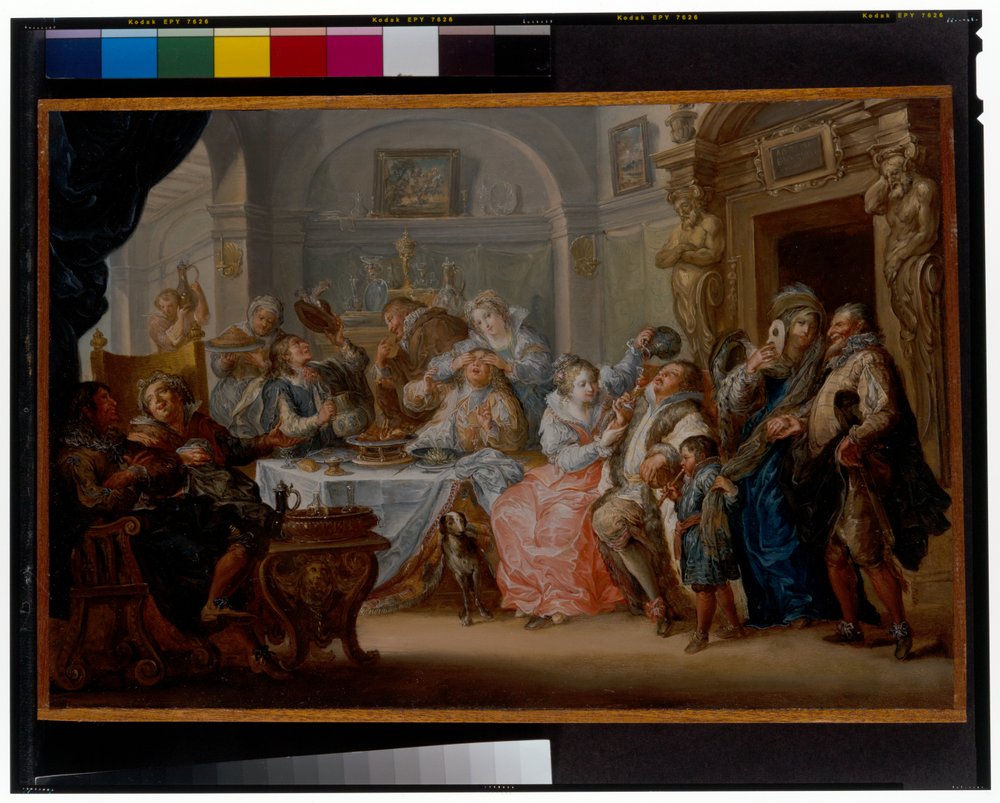 仮面舞踏会の衣装を着たエレガントな人々が宴会をするインテリア