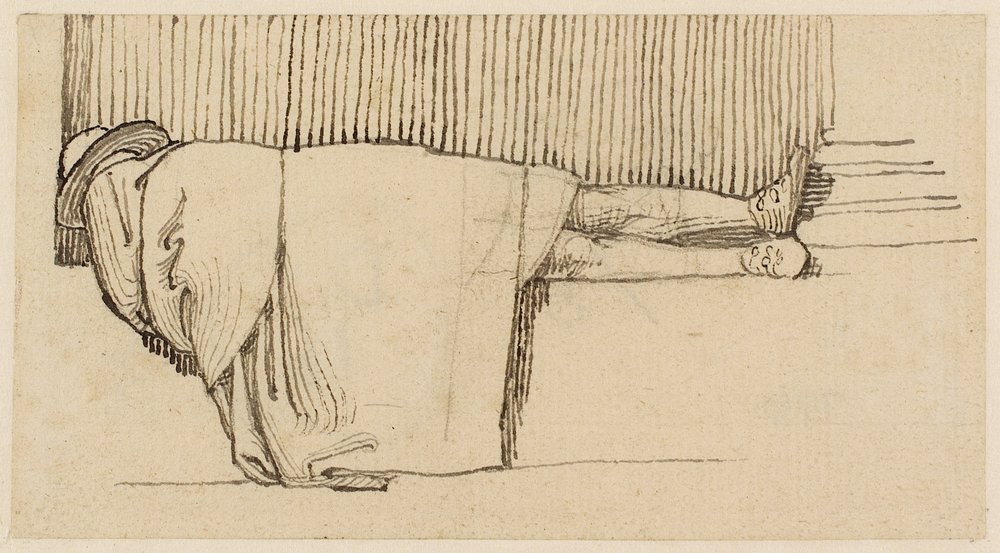 建物の台座に眠っているマントの男（鉛筆、紙にペンとインク）