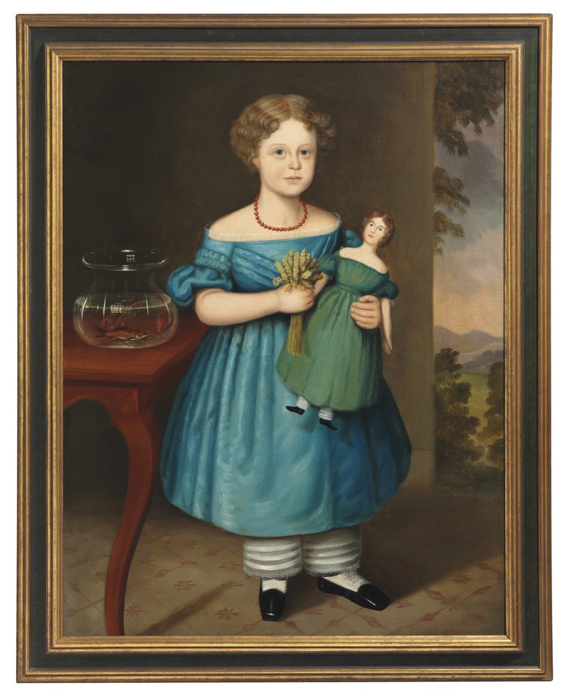 人形と金魚の青いドレスを着たエイミー・フィルポットの肖像