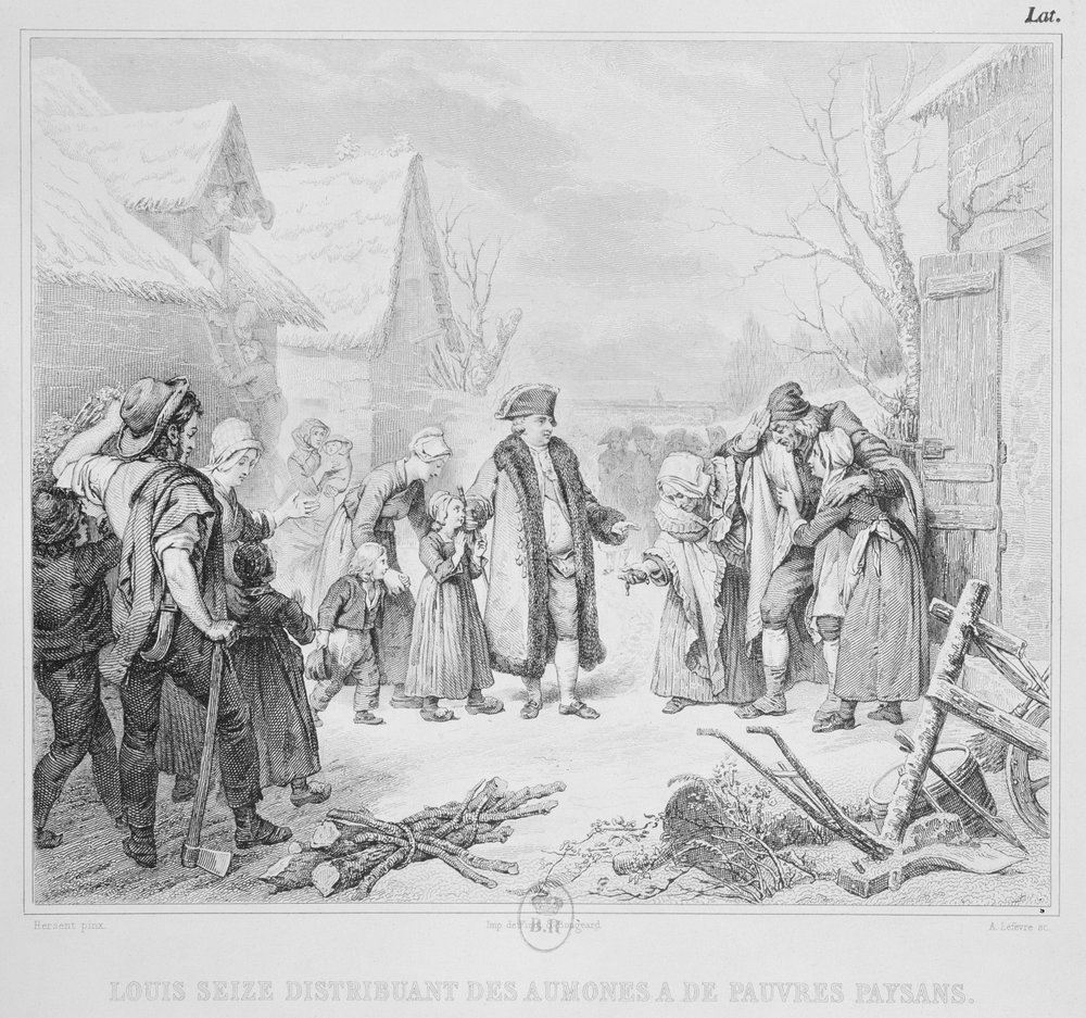 ルイ16世（1754-93）1788年の農民への施しの配布、A。ルフェーヴルの彫刻