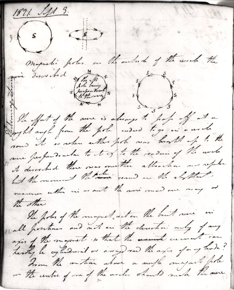 1821年9月3日の「現在の実験の回転」に関するファラデーのノートの74ページ