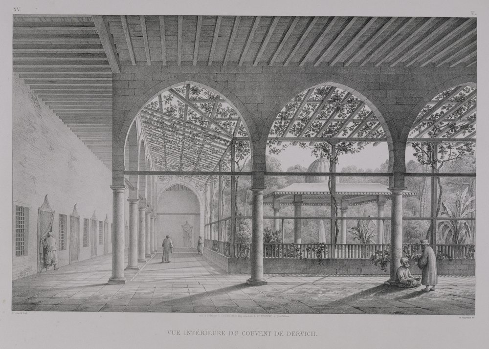 エミールエドモンドオリヴィエ（1800-64）によって彫刻された「カイロの記念碑と建物」からのカイロのダーヴィッシュ修道院の内部の眺め ...