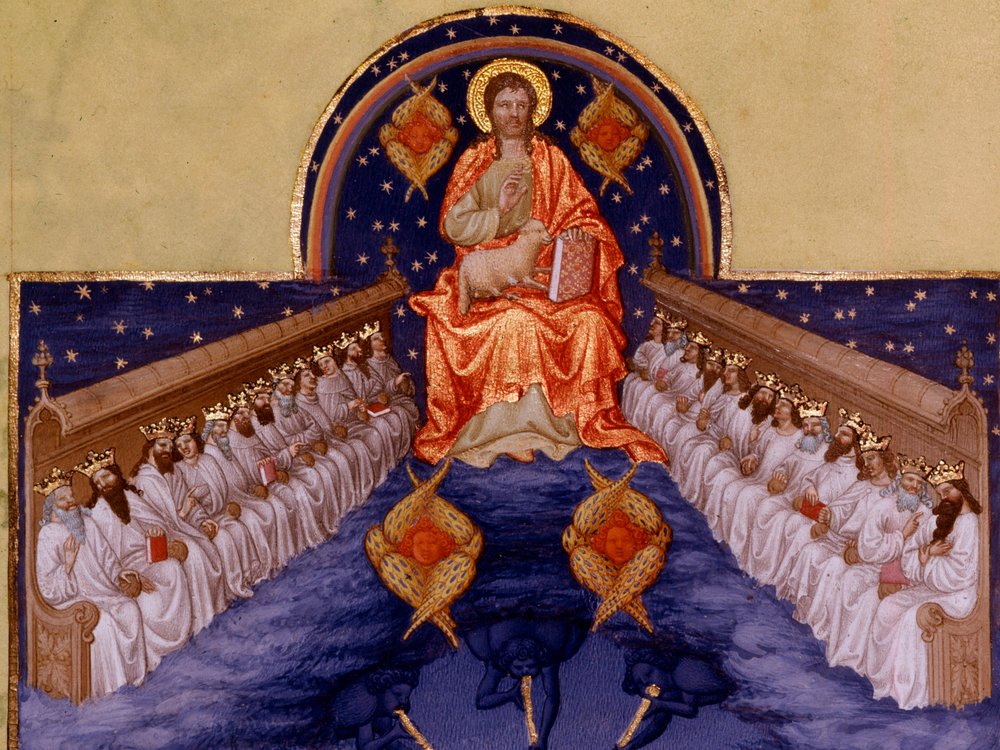 パトモスの聖ヨハネ。"ポル・ド・リンブルグ（15世紀）の「ベリー公爵の非常に豊かな時間」の中のミニチュア。シャンティ、コンデ美術館