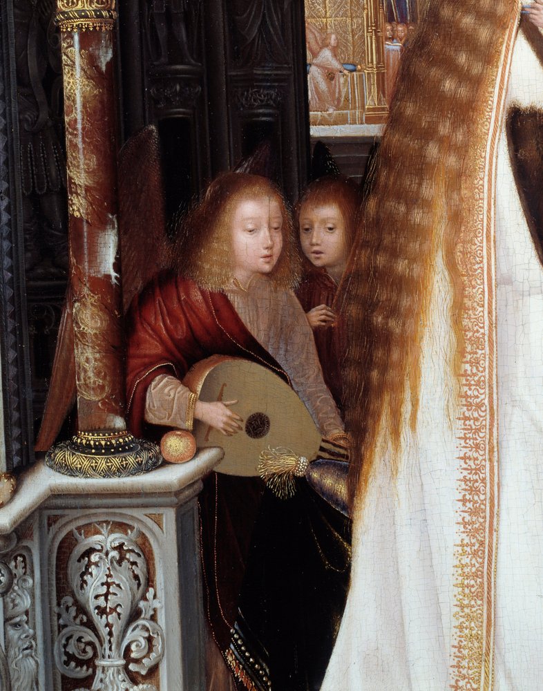 クエンティン・メチス（1466-1530）の「三人の天使を抱く聖母子」の絵