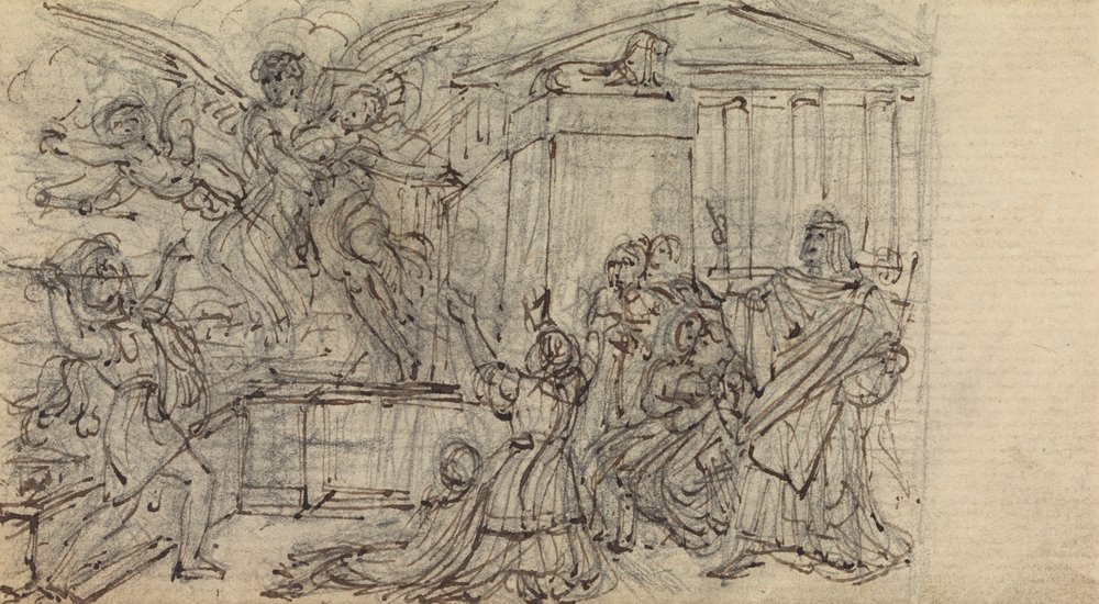 Estudo de uma mulher sendo levada por um ser alado