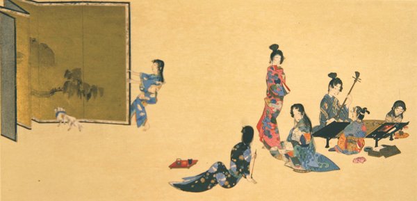 レクリエーション中の女性のグループ、「国華」誌のイラスト
