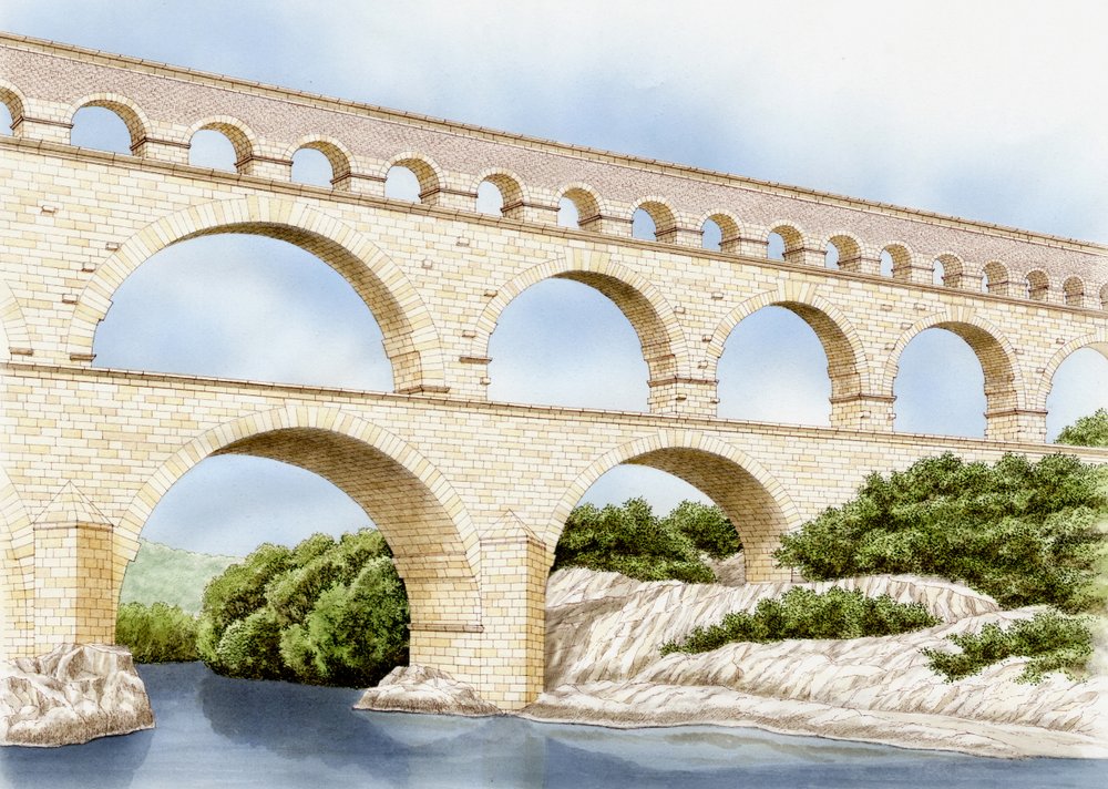 ポン・ド・ガールの現在、フランス、1900-2023年頃（インク、水彩画）