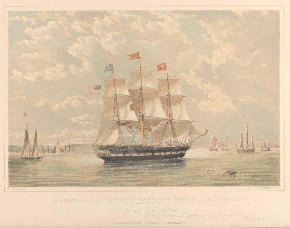 ニューヨーク・アンド・ロンドン・パケット船ヴィクトリア号（ニューヨーク港に入港）1839-44年頃（リトグラフ、彩色済み）