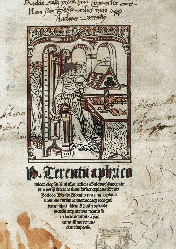 喜劇詩人テレンス（Publius Terentius Aferer）（紀元前190-145年）の喜劇の正面図。作者が描かれています。