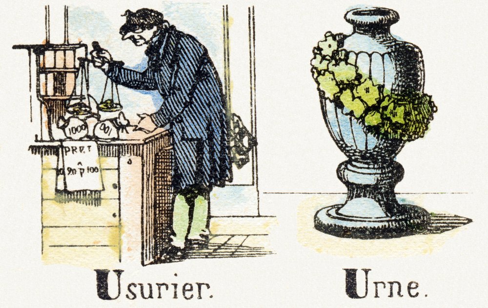 U-高利貸し-壷-チャイルドエンターテインメントアルファベットc.1890（リトグラフ）